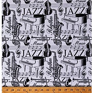 FlashPhoenix Quality Sewing Fabric – 100% Cotton Musical Instruments Pianos Saxophones White Fabric Print Size; 36" x 44" Inch (by The Yard)