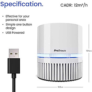 Pro Breeze Small Air Purifier HEPA - Air Purifier with True HEPA Filter, 99.7% Smoke, Dust, Pollen, with Night Light and Negative Ion Generator - Desktop Air Purifiers for Bedroom, Room, Home Office