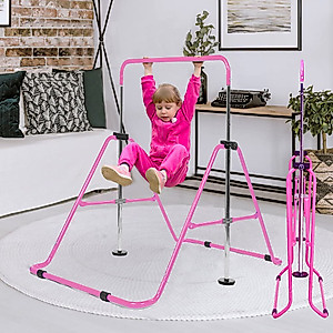 AMRTA Gymnastics Bars for Home with Rings Set Pink, Adjustable Height Training Balance Kip Monkey Bar Folding Horizontal Gymnastic Equipment, for Kids Children Junior Toddler Baby Ages 3-10