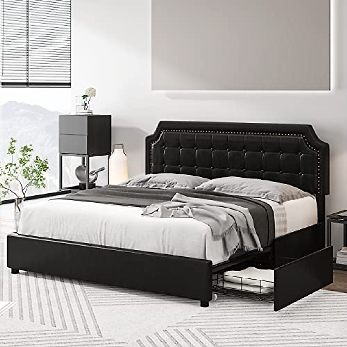Keyluv King Size Bed Frame with 4 Drawers, Upholstered Platform Storage Bed with Curved Button Tufted Headboard with Nailhead Trim, Solid Wooden Slats Support, No Box Spring Needed, Black