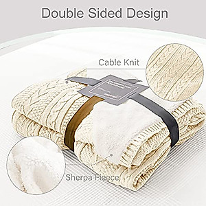 Beige Knit Sherpa Blanket Cotton Throw Blanket with Sherpa Lining Double Sided Reversible Winter Blanket Super Soft, Warm, Elegant, Plush, Cozy for Couch, Sofa, Bed Home Decor 50 x 63 inch