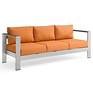 Modway Shore Aluminum Metal Outdoor Patio Sofa With Silver Orange All-Weather Cushions