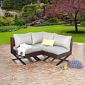 LOKATSE HOME Rattan Corner Sofa X Shape Leg Outdoor Furniture Patio Left-arm Chair with Cushions for Garden, Pool, Backyard, Brown