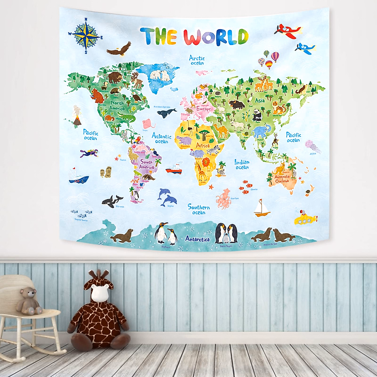 BASHOM TP-001 Animal World Map Tapestry Poster for Kids Educational learning Wall Hanging for Bedroom Living Room Nursery Dorm Home Decor 60''x50''(150x130cm)