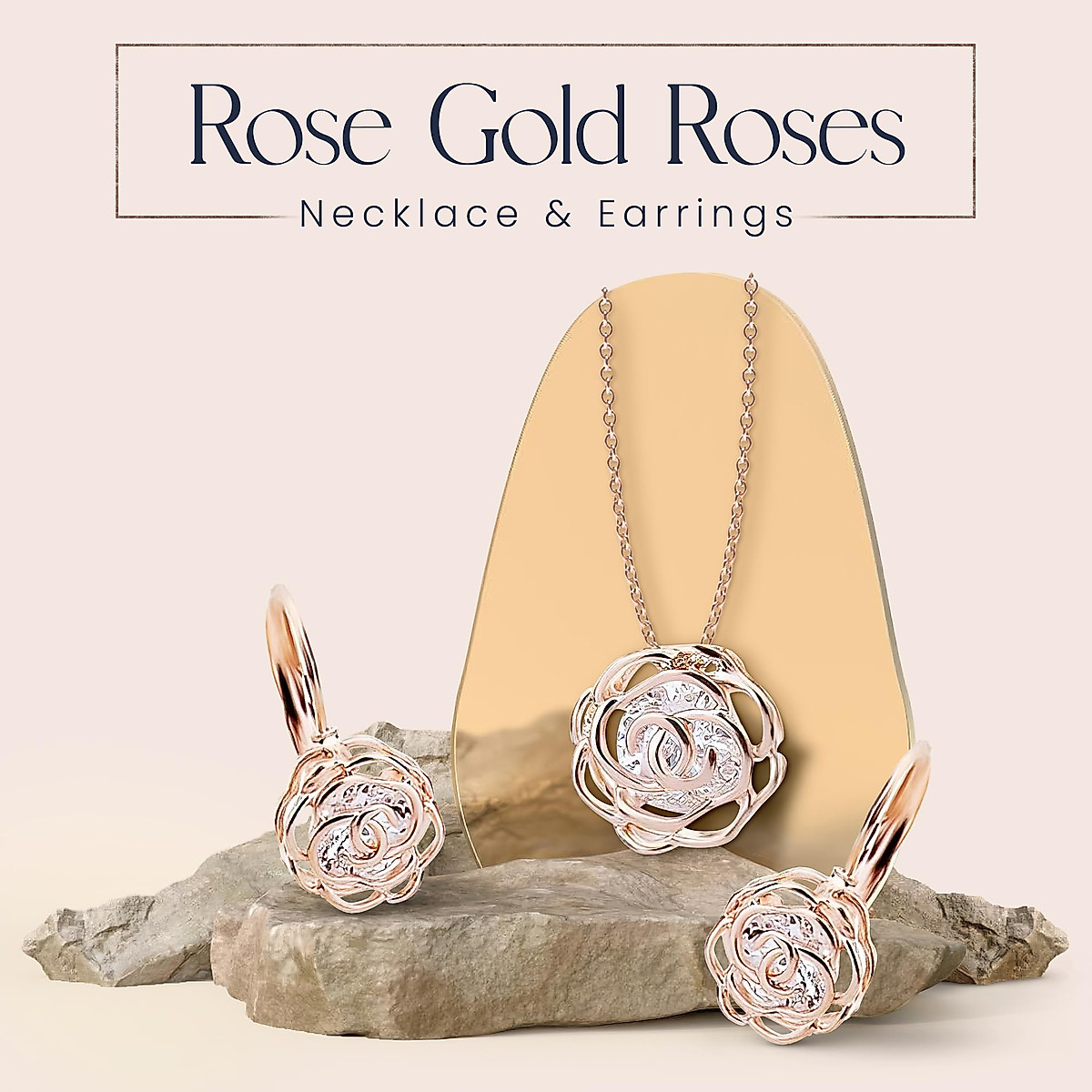 Crystalline Azuria Women 18K Rose Gold Plated White Crystal Roses Flowers Necklace and Earrings Set for Women Wedding Party Bridal Bridesmaid Accessories