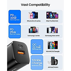 USB C Charger, SAFUEL 30W PD QC 3.0 Fast Charging 2 Ports Wall Charger [USB C+USB A], Quick Charge Power Adapter for iPhone 14 13 12 11 Pro Samsung S21 S20 Note 20 iPad Mini Google LG Tablets AirPods