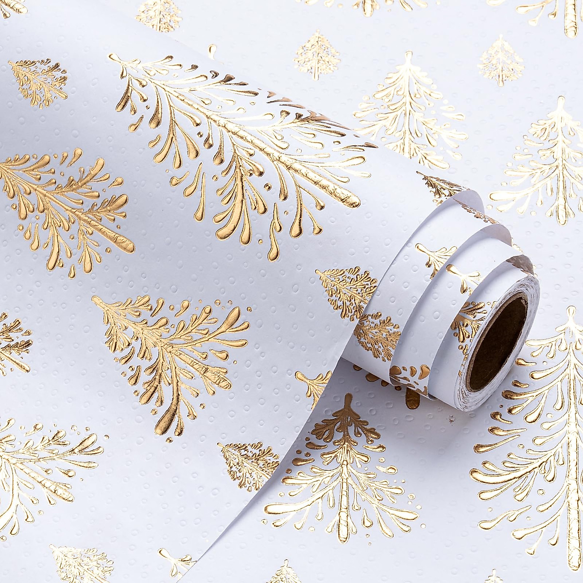WRAPAHOLIC 3D Kraft Christmas Wrapping Paper Roll - Mini Roll - 17 Inch x 16.5 Feet - Gold and White Christmas Tree Design with Embossed Perfect for Holiday, Party Celebration