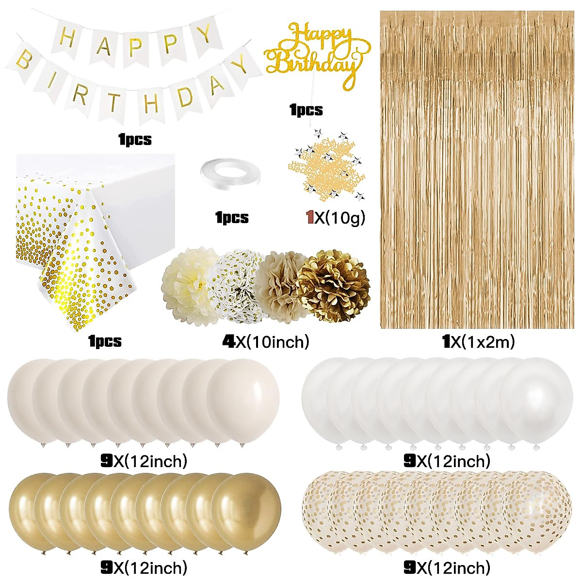 Gold Birthday Decorations, Gold Party Decorations, White and Gold Balloons Happy Birthday Banner Tablecloth Fringe Curtain Paper Pom Poms for Kids Women Men Girls Boys Birthday Golden Birthday Decor