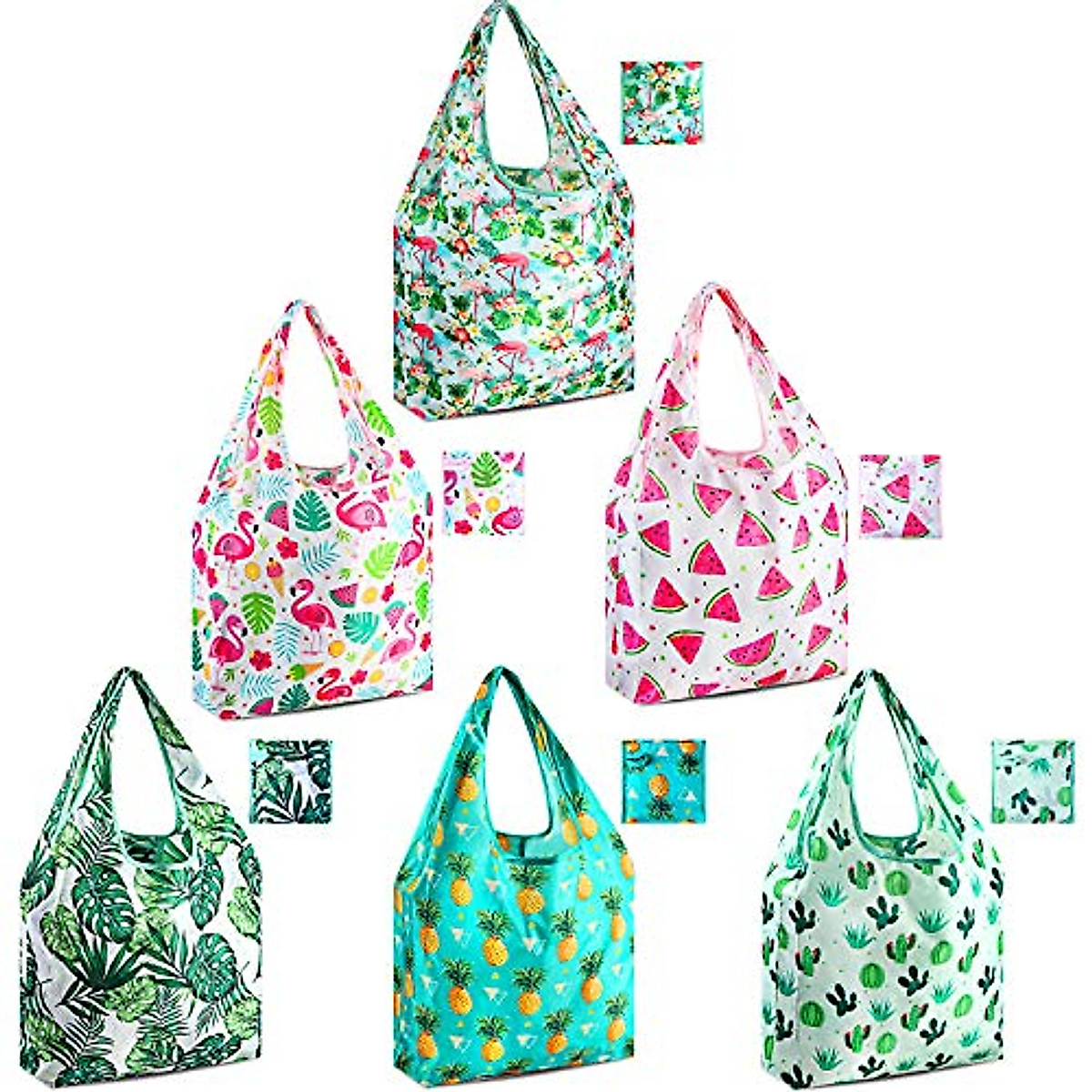 6 Pieces Reusable Grocery Bag with Storage Pouch, Washable Foldable Lightweight Durable Waterproof Shopping Bag Tote Grocery Bag (Fresh Pattern)