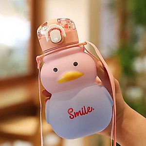 ZTGD Cute Water Bottle 650ml for Student,Lady,Kid,Kawaii Leakproof Duck Water Cup with Straw Lock Design Suspender One Key Open and Transparent Lid Pink