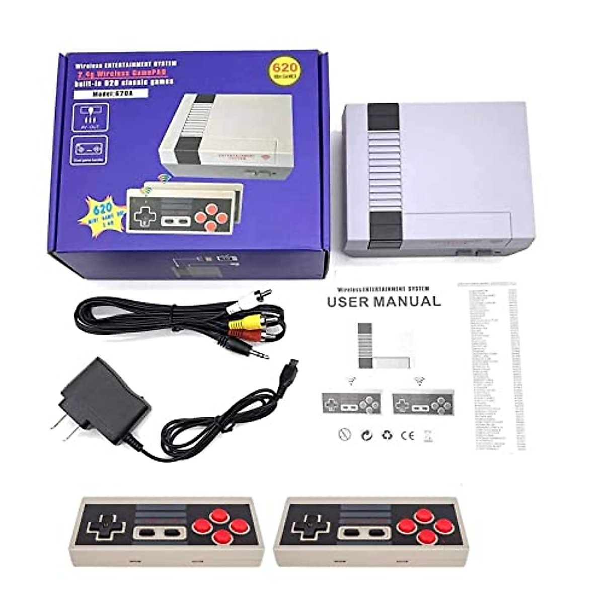 Classic Mini Retro Game Console with Built-in 620 Video Games and 2 Classic Wireless Controllers,AV Output Game System for Kids and Adults Ideal Gift.