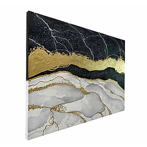 100% Hand Painted Black White and Gold Wall Art, Big Painting 28X40 Inch, Abstract Canvas Wall Art with Gold Foil Textured Art, Modern Wall Pictures for Living Room.