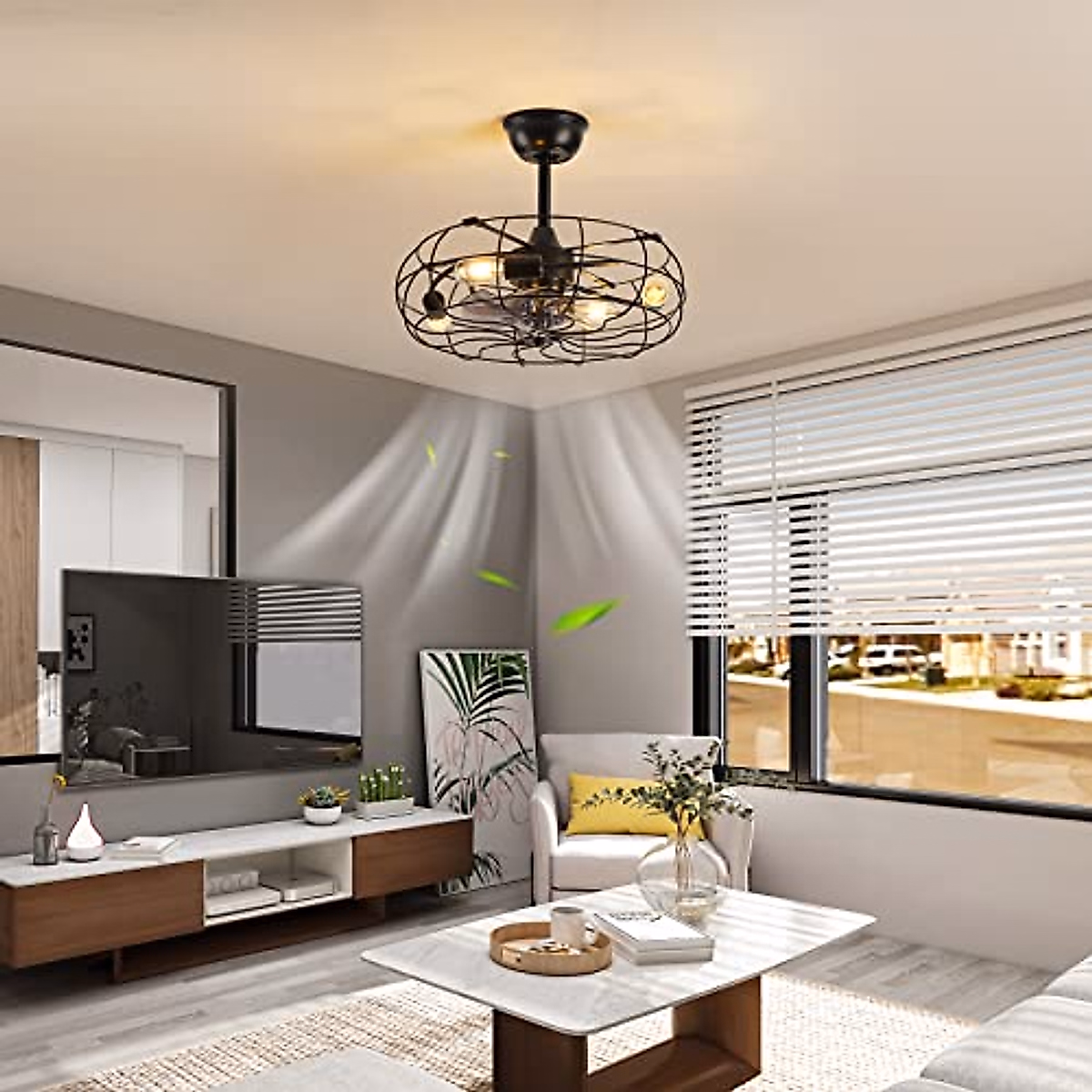 Caged Ceiling Fan with Light Modern Industrial Ceiling Fans with Lights Remote Control Farmhouse Ceiling Fan Light Gazebo Fan light for Patio Kitchen Living room Entrance Indoor Outdoor Black