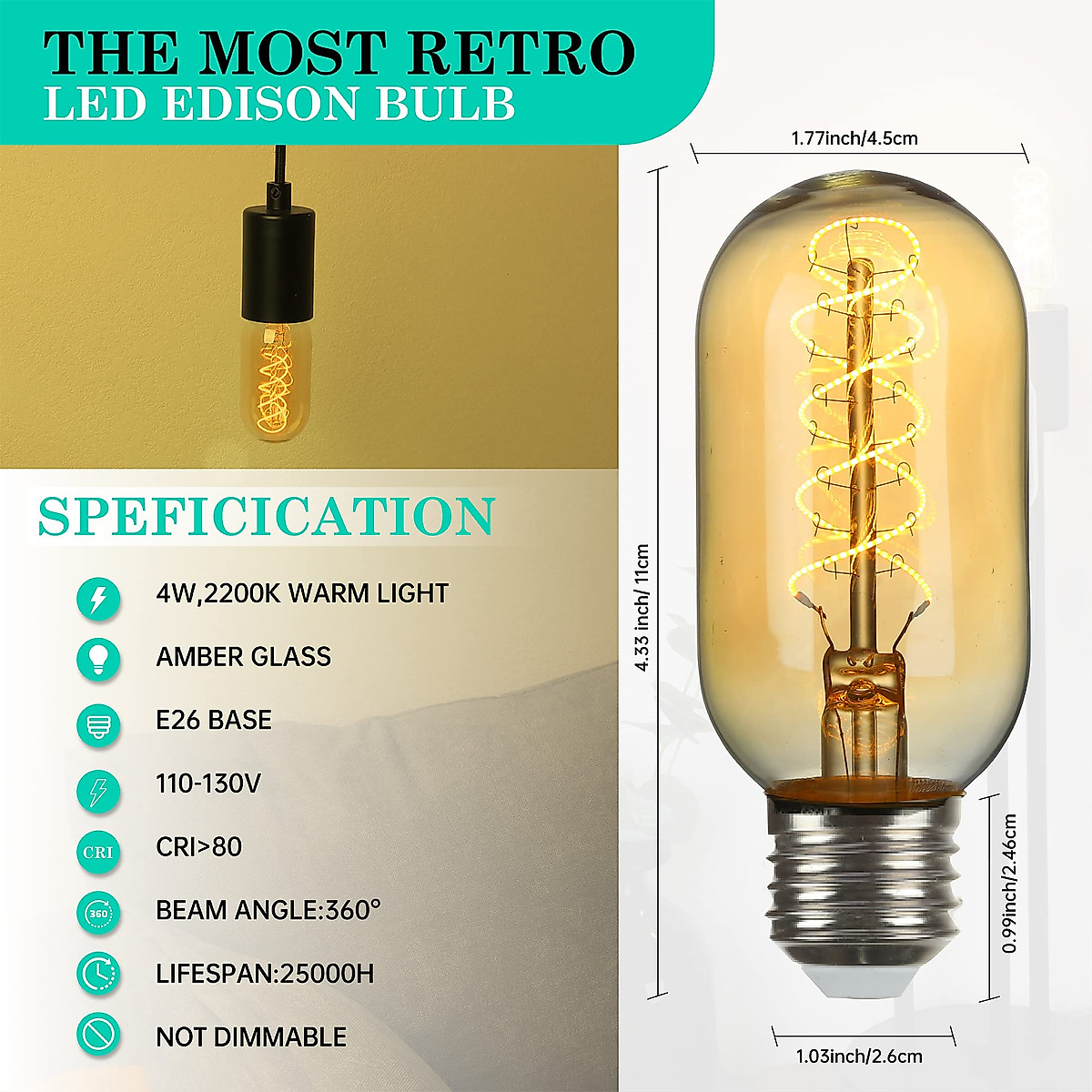 AMDTU Vintage LED Edison Bulb Super Thin Spiral Filament Non-dimmable, 25 Watt Tubular Incandescent Light Bulb Replacement Soft Warm 2200K, T45 Amber Glass Retro LED Bulb 4W, E26 Base 120V 4 Pack