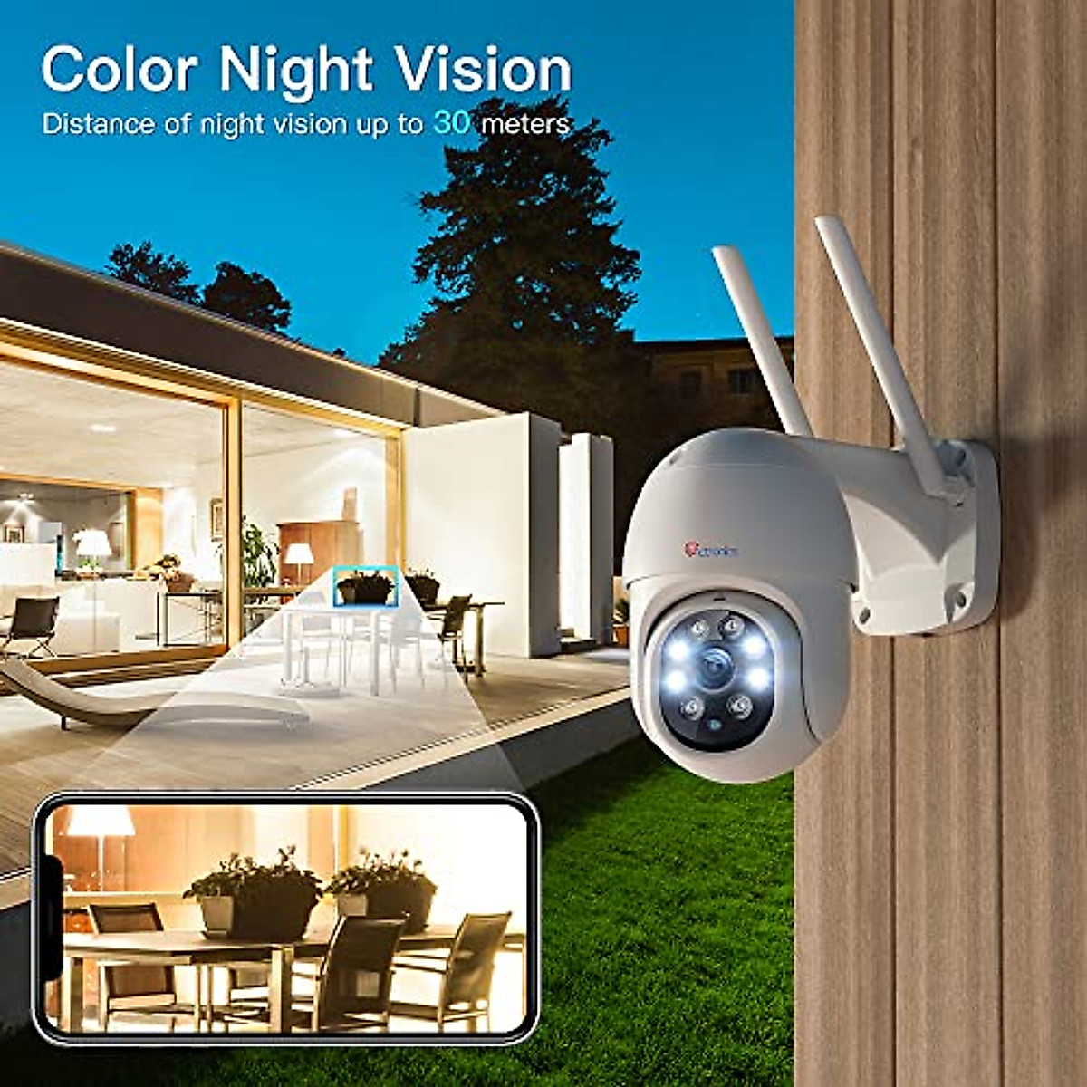 2K 4MP Security Camera Outdoor, 2560×1440P Ctronics PTZ Camera Outdoor 2.4G WiFi CCTV IP Camera for Home Security Human Detection & Auto Tracking Custom Sound Alarm Color Night Vision 2-Way Audio IP66