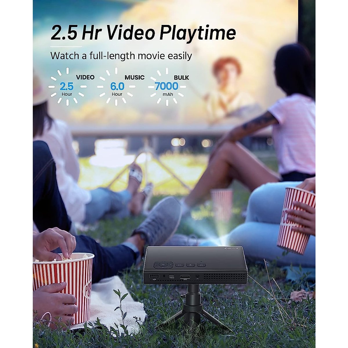 Mini Projector, ELEPHAS DLP Portable Projector with WiFi and Bluetooth, 1080P Outdoor pocket Rechargeable Wireless projector for Camping Compatible with iPhone, Android, PS4(Bag and Tripod included)
