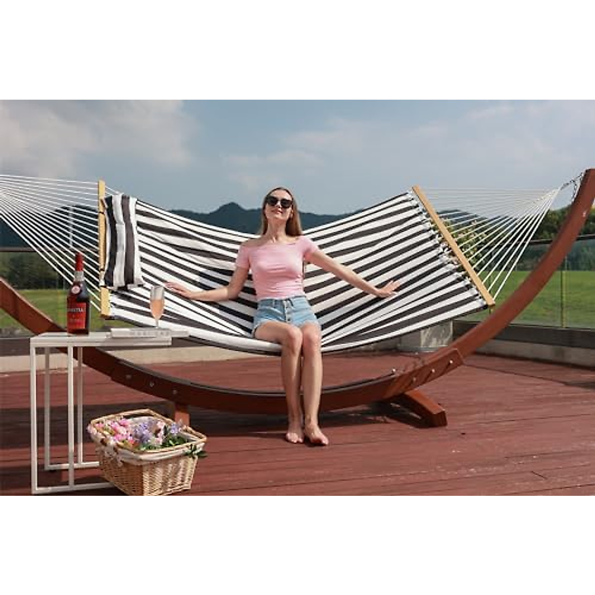 HARBOURSIDE 12FT Quilted Hammock with Spreader Bar, 2 Person Double Hammock with Pillow and Chains, Hammock for Indoor Outdoor, Bedroom Patio, 450 lbs Capacity，Black Stripe