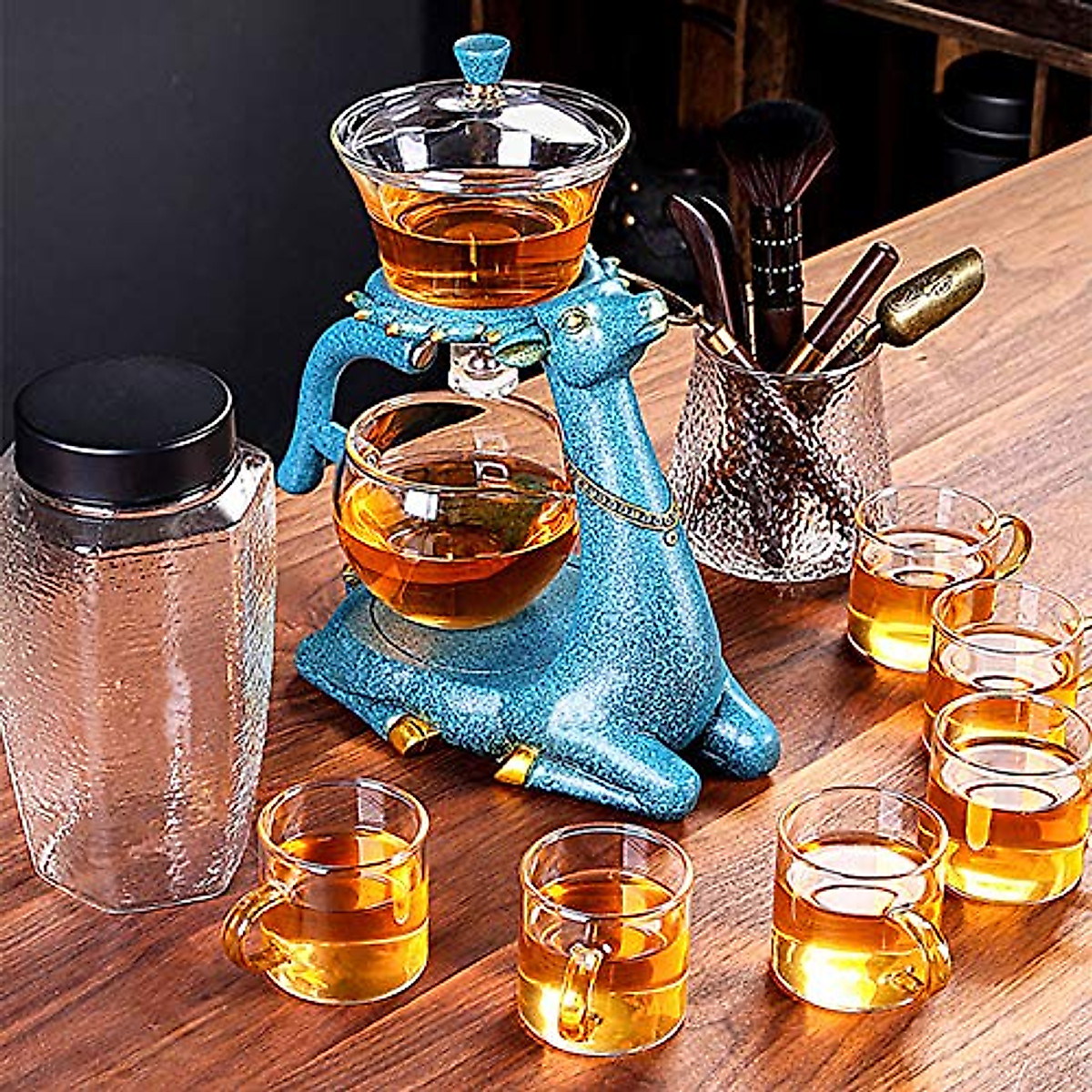 FKJYUF Automatic tea set Automatic tea maker Heat-resistant glass Kung Fu tea set Deer tea set Accompanied by a deer Teapot Coffee Juice cup Cup tea set、tea sets for women、tea sets, BLACK-MSTZ-M-001