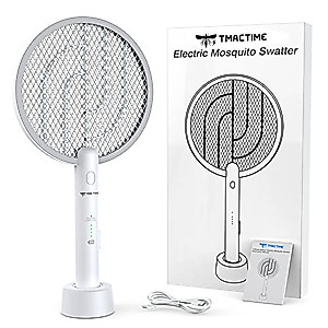 TMACTIME Electric Fly Swatter 4000V Bug Zapper Racket 2 in 1 Fly Zapper with USB Rechargeable Base and 3-Layer Safety Mesh for Bedroom Kitchen Patio and Outdoors
