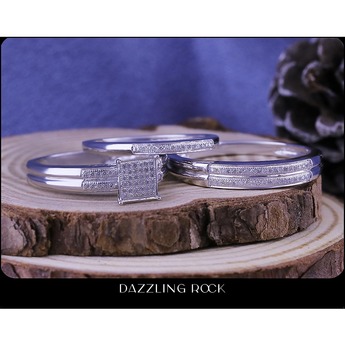 Dazzlingrock Collection Round White Diamond Square Head Filigree Wedding Trio Ring Set (0.25 ctw) in 925 Sterling Silver, Women size 9 and Men size 10