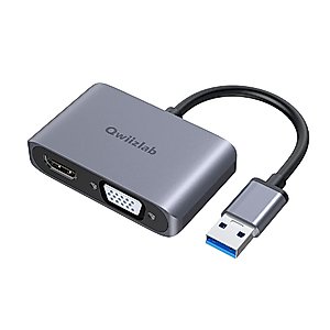 Qwiizlab USB 3.0 to HDMI VGA Adapter, 1080P@60Hz Video Converter, Supports Windows 7/8/10/11 Only, USB-A Data Port