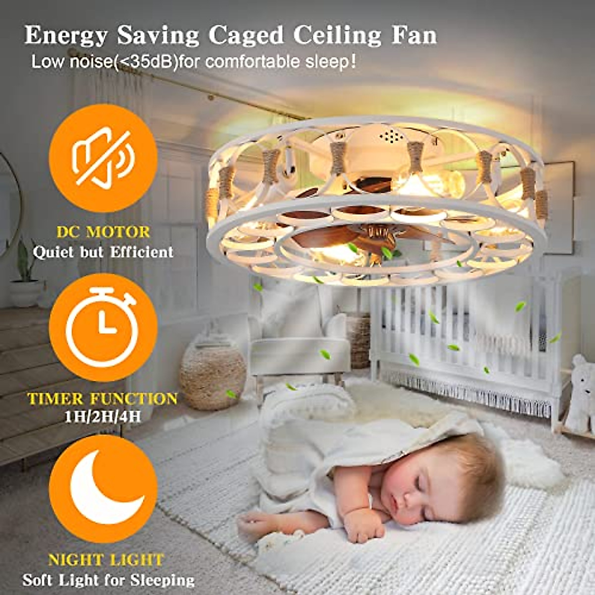 BUXVRCS 19.68'' Flush Mount Caged Ceiling Fan with Lights, Farmhouse Rustic Low Profile Ceiling Fans, 4-Light Vintage Enclosed Ceiling Fan Lighting Fixture Remote Control (Including 5 Bulbs) (White)