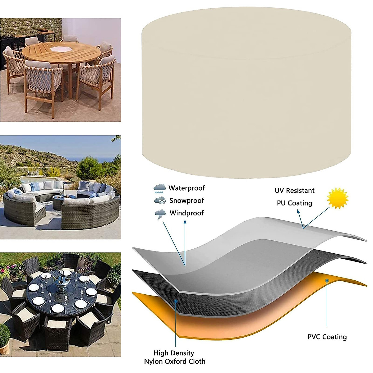 XYXH Round Patio Table Covers 53" D x 31" H, Outdoor Patio Furniture Covers, Waterproof Garden Table Chairs Set Covers, 420D Heavy Duty Oxford Fabric Durable Dustproof