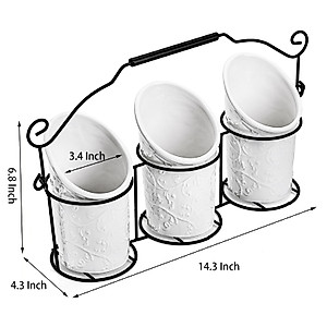 Nicunom Set of 3 Ceramic Flatware Caddy with Metal Rack, Embossed Design Kitchen Utensil Holder Silverware Organizer Cutlery Holder Kitchen Tool Crock for Countertop Decor and Organization