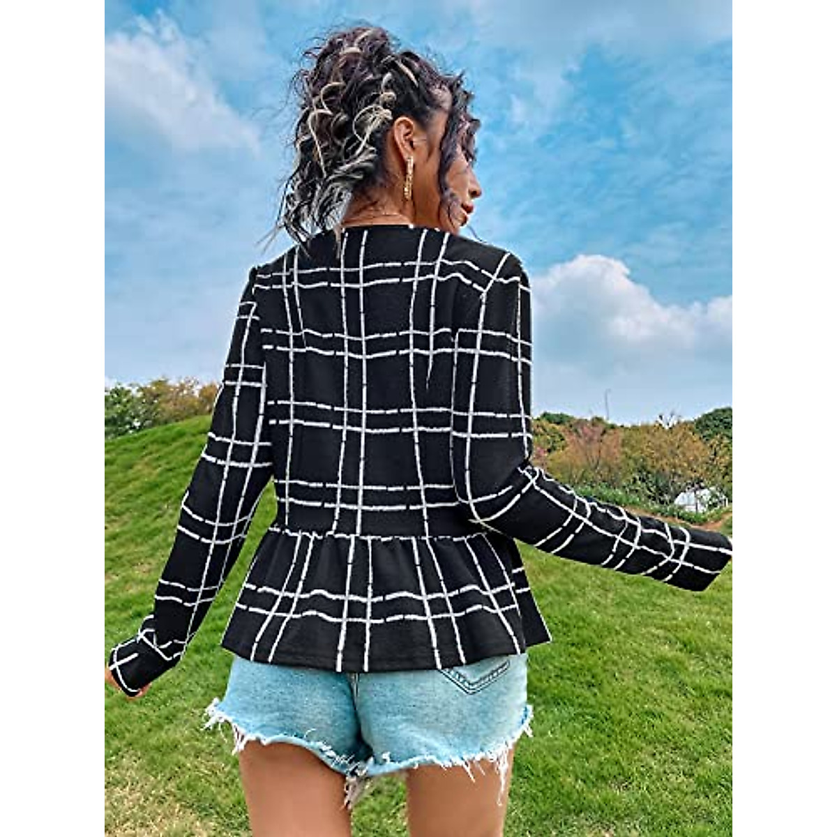 Milumia Women's Casual Plaid Ruffle Hem Open Front Long Sleeve Work Blazer Jackets Black Large