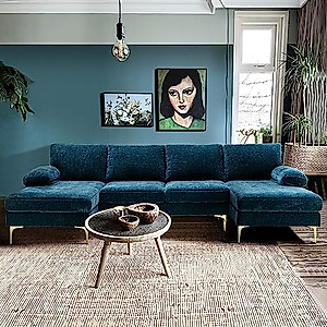 U-Shaped Sectional Sofa Comfy Couch for Living Room Set, 110 inches Wide Modern Large 4-Seat Couch Convertible Soft Velvet Couch Set with Double Chaise Lounge (Teal Blue, Chenille Fabric)