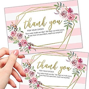 T Marie 50 Large 4x6 Pink Thank You Postcards Small Business Supplies for Boutique Shops - Faux Gold and Pink Floral Thank You For Your Order and Thanks For Supporting My Small Business Cards - Bulk Thank You For Shopping Cards