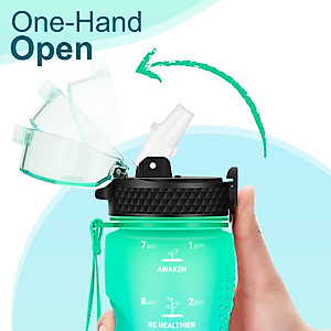 AIDEAMART 24 OZ Motivational Kids Water Bottle With Time Marker,Straw Lid,Leak Proof, Tritan BPA Free Sports Water Bottle Green-Blue(1 Lid)