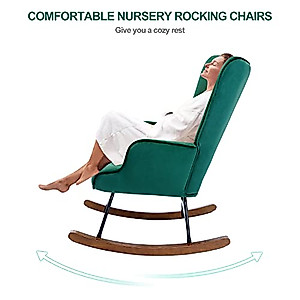 YOUTHUP Rocking Chair Nursery, Solid Wood Legs Reading Chair with Lazy Velvet Upholstered and Waist Pillow, Nap Armchair for Living Rooms, Bedrooms, Offices, Best Gift, Green