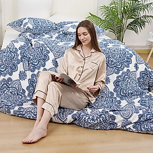 PHF Ultra Soft Paisley Duvet Cover Queen Size, Printed Bedding Set 3 Pieces, Comfy Farmhouse Pattern Duvet Cover Set with 2 Pillow Shams, Zipper Closure and 8 Ties, 90"x90", Royal Blue & White