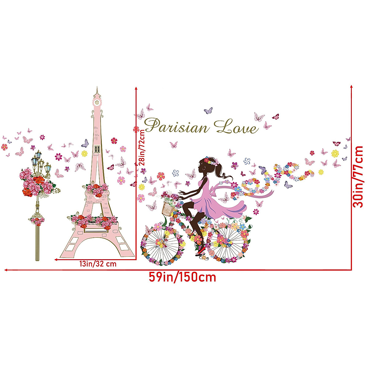 RW-9006 3D Flower Fairy Wall Decals Romance Paris Eiffel Tower Wall Stickers DIY Removable Girl Riding Bike Butterfly Floral Light Tower Decor for Girls Women Bedroom Living Room Nursery Decoration