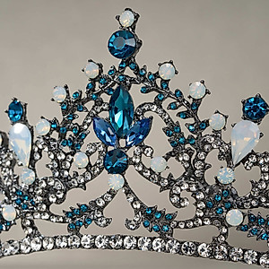 SWEETV Blue Tiara Crown for Women, Frozen Elsa Princess Crown, Gothic Wedding Tiara for Bride, Black Crystal Hair Accessories for Birthday Quinceanera Pageant Prom