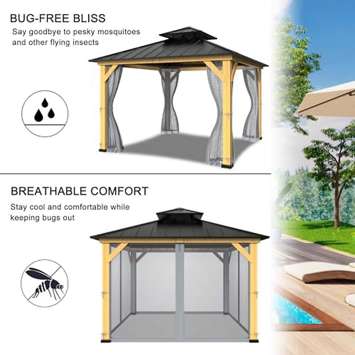 10-ft x 12-ft Gazebo Netting Replacement,Universal 4-Panel Mosquito Netting for Gazebo with Zippers(Only Netting)-Grey