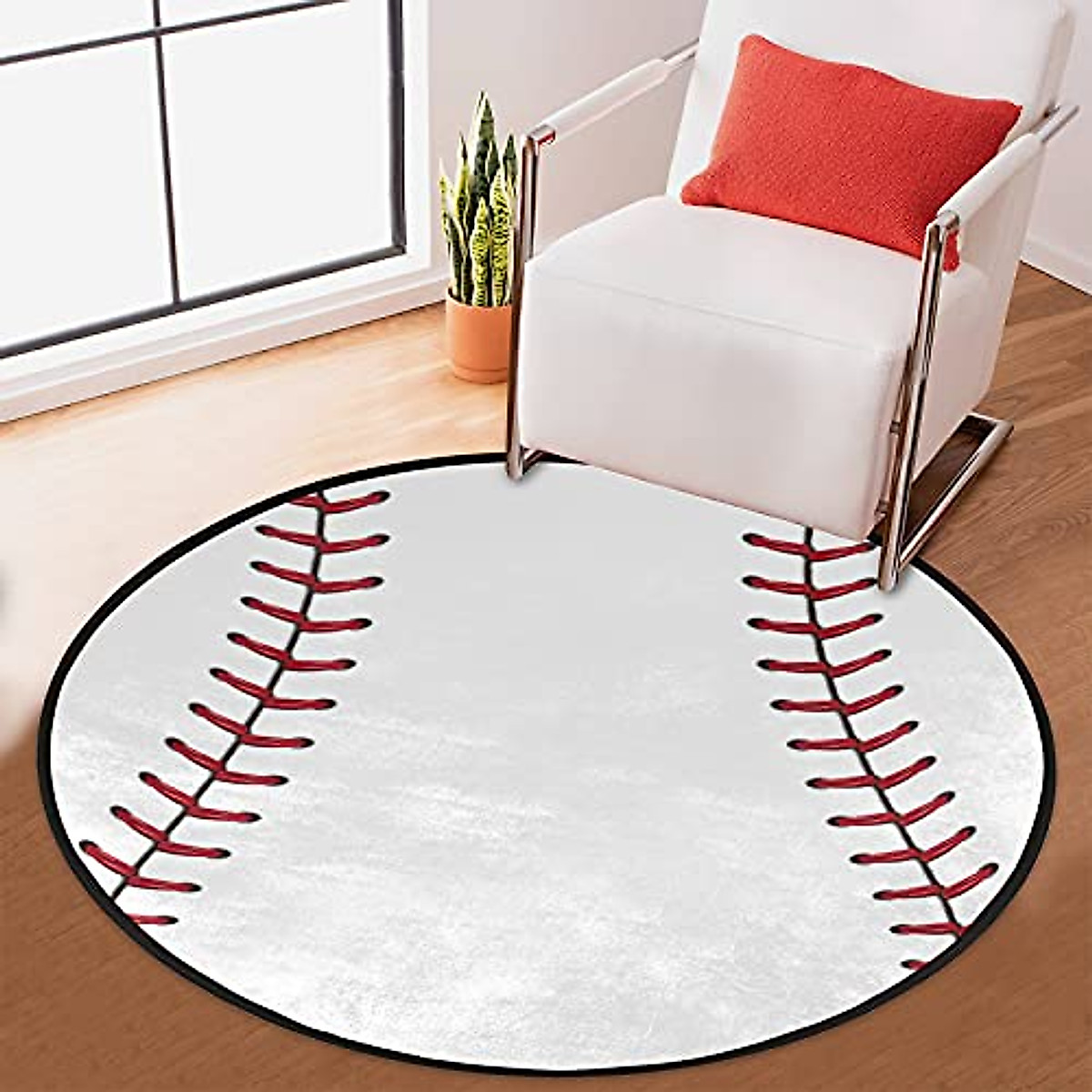 Round Area Rug, Baseball Sport Theme 3ft Diameter Non-Slip Circle Rugs Soft Throw Rugs Machine Washable Floor Carpet for Sofa Living Room Bedroom Nursery Kids Playroom Decor
