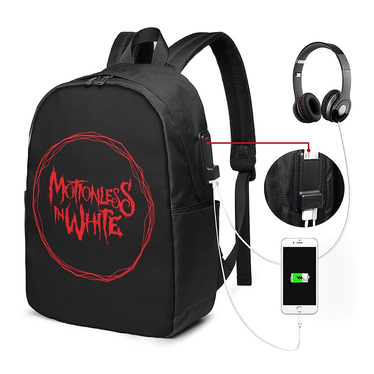 Tjervhie Motionless Rock In Band White Backpack,unisex casual book bags,external usb interface,earphone cable interface,label.traveling backpack suitable for business
