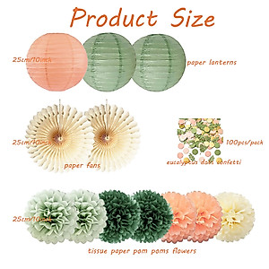 Sage Green and Peach Party Decorations Olive Green Sage Cream Peach Tissue Paper Pom Poms Lanterns Confetti Dots Scatter Table Decoration for Bridal Shower Wedding Engagement Birthday Party Decoration