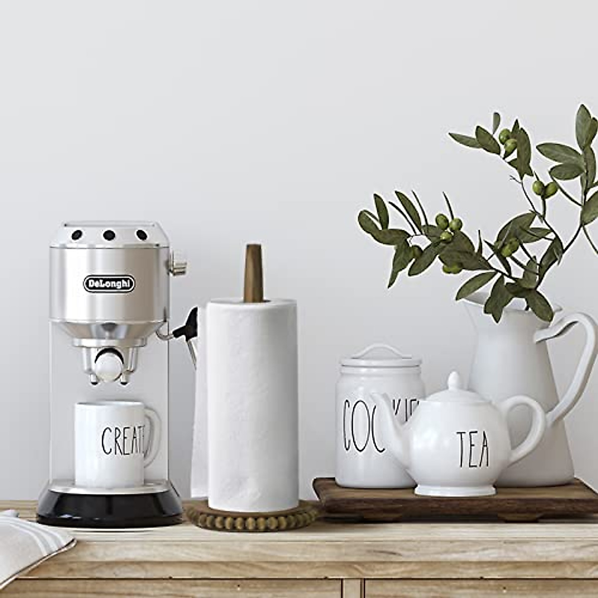 Farmhouse Paper Towel Holder Washed Beaded Paper Towel Stand Wood Paper Hanger Rack Standing Towel Roll Stand Organizer Paper Roll Holder Roll Dispenser for Kitchen Bathroom Countertop (Brown)