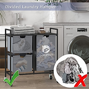 DAELIFKER Laundry Basket, Laundry Hamper 3 Section with Wheels, One Shelf, Metal Frame and Removable Laundry Sorter Bags, Clothes Hampers for Laundry Room (Grey, 85 L)