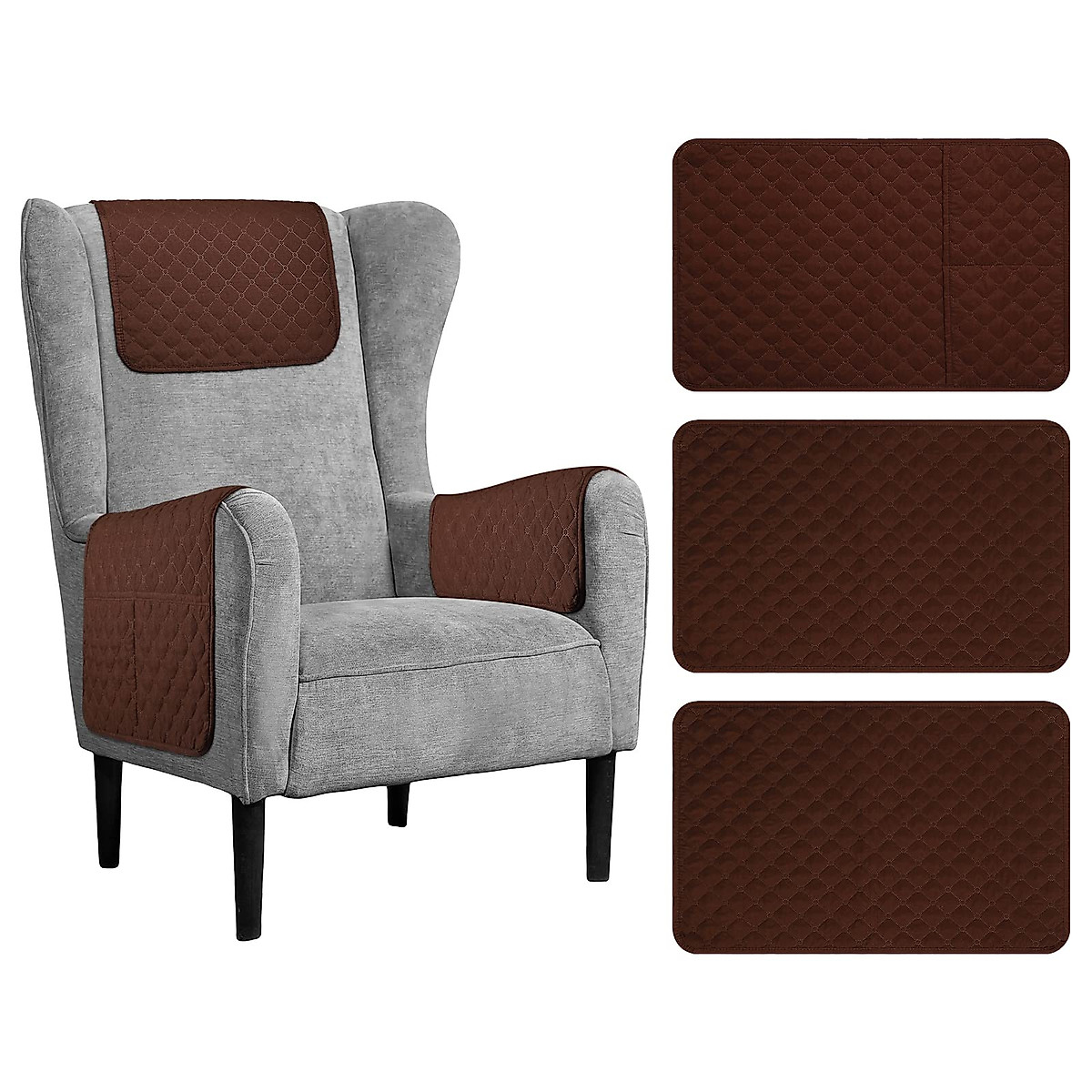 Tradder 3 Pcs Recliner Slipcovers Recliner Headrest Protector Arm Chair Arm Covers with Pockets Headrest Cover for Recliner 22.8 x 14.6 Inch Recliner Chair Covers for Couch Sofa Furniture (Brown)