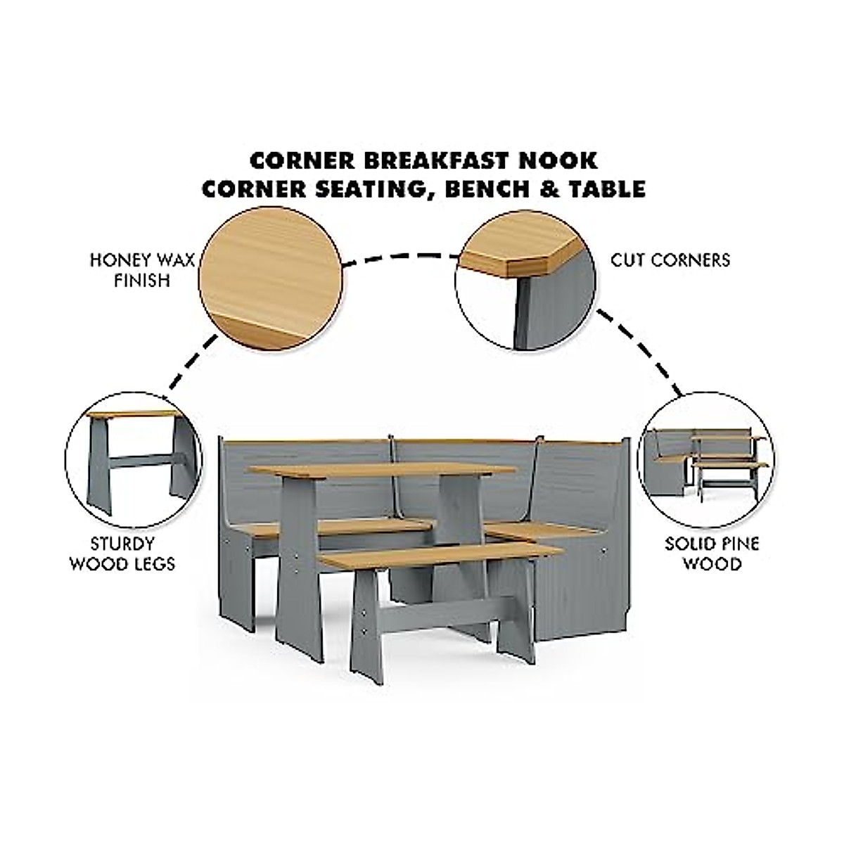 Urban Home Furniture Chapman 2 Tone Natural/Grey Solid Wood Corner Dining Set, Reversible Breakfast Nook