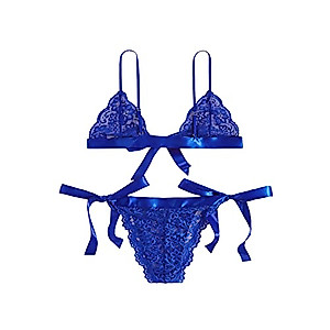 SweatyRocks Women's Sexy Floral Lace Scalloped Trim Self Tie Panty Mesh Lingerie Set Dark Blue Small