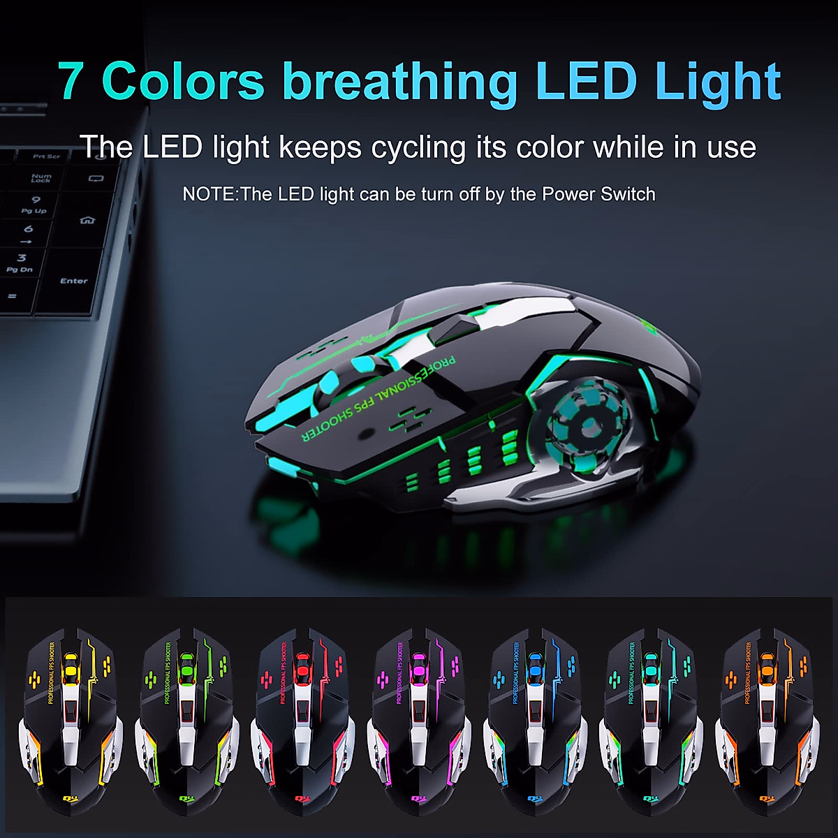 QELIROKY New 2.4G Wireless Rechargeable Gaming Mouse Silent Click with 6 Buttons, 3 Adjustable Levels DPI, Colorful LED Lights for Laptop, iPad, MacOS, PC, Windows, Android (Black)