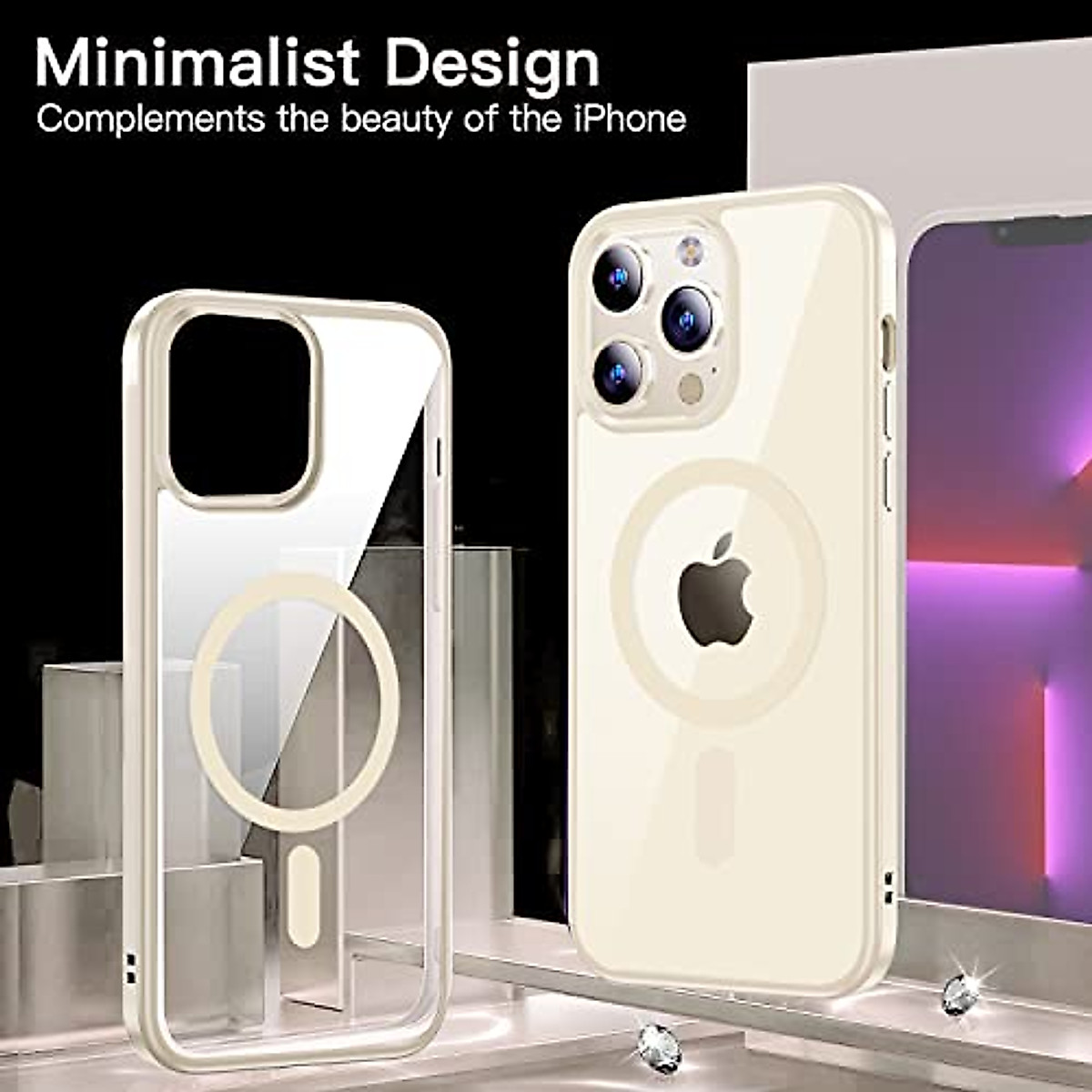 Casexcite Clear Magnetic for iPhone 13 Pro Max Phone Case MagSafe Compatible - Military Grade Protection - Transparent Back - 2X Lens Protector, Anti-Fingerprint, Anti-Scratch (Light Beige)