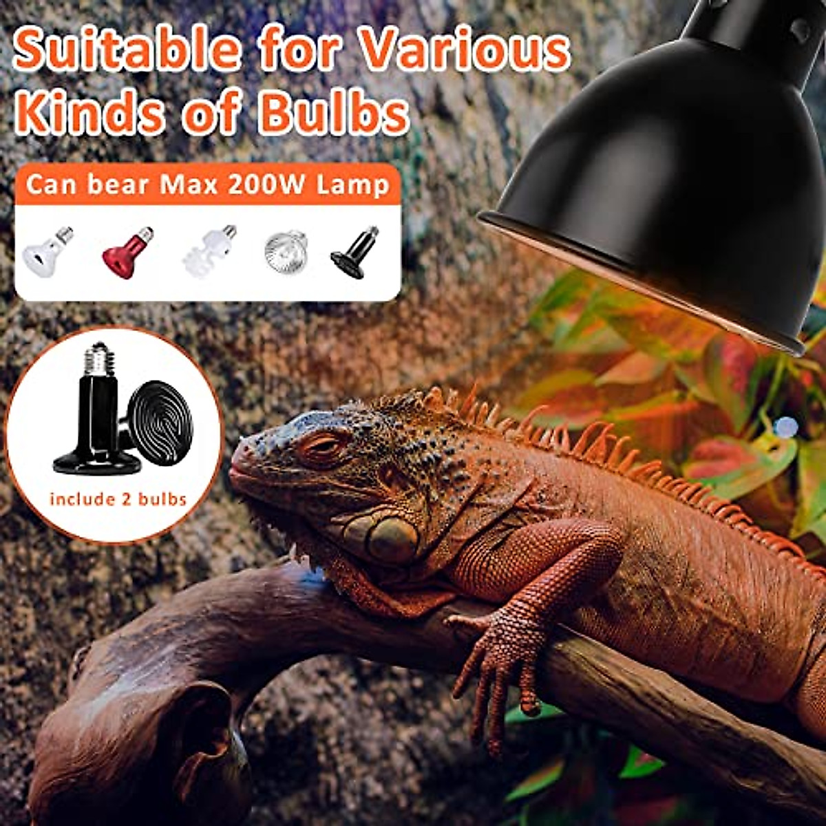 Reptile Light Fixture Heat Lamp for Turtle,5.5Inch Reptile Deep Dome Fixture with E26 Lamp Bulbs 150W*2 UVA UVB Reflector with 360°Rotating Clips for Reptiles,Turtles,Chicken,Snakes,Lizards
