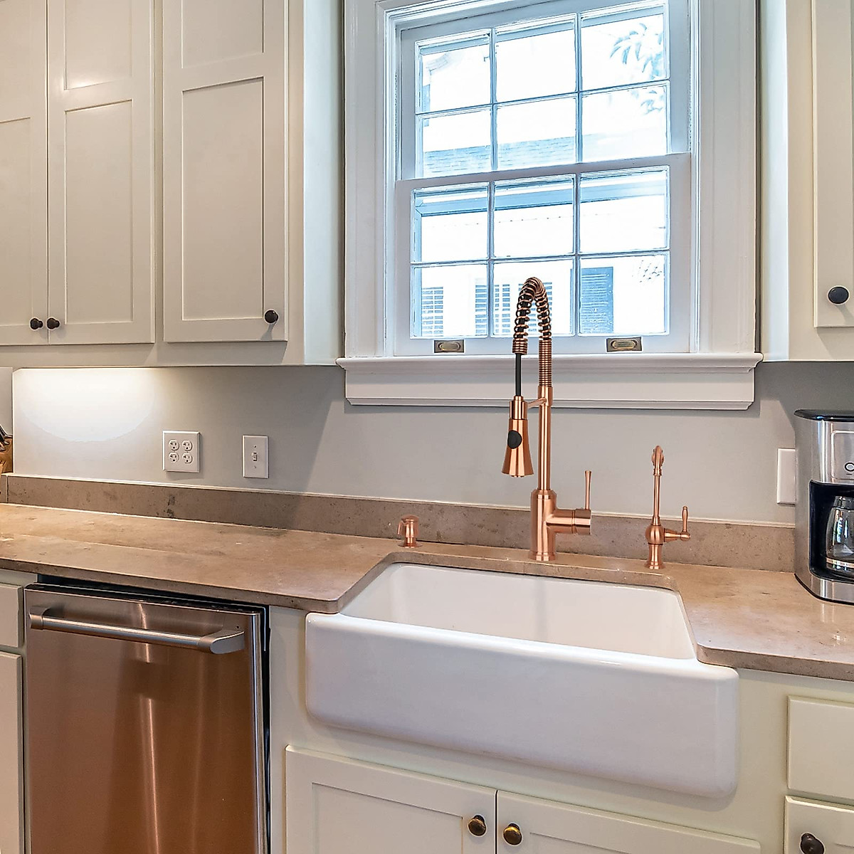 Copper Pre-Rinse Spring Kitchen Faucet with Soap Dispenser, Single Handle Solid Brass High Arc Pull Down Sprayer Head Kitchen Sink Faucets with Deck Plate