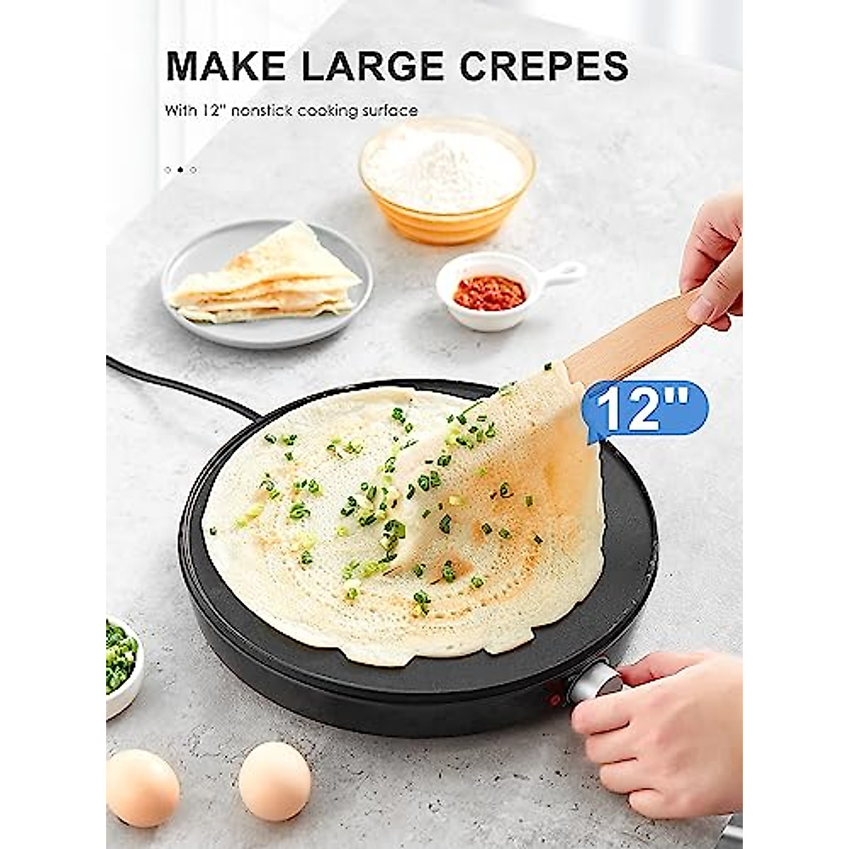 Crepe Maker Machine, Reemix Compact Pancake Griddle Precise Temperature Control, Nonstick 12” Electric Griddle, Batter Spreader for Eggs, Pancakes, Omelets and Quesadillas, Includes Spatula, Spreader